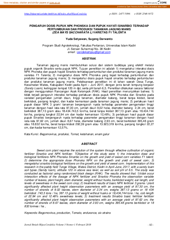 (PDF) Pengaruh Dosis Pupuk NPK Phonska Dan Pupuk Hayati Sinarbio Terhadap Pertumbuhan Dan ...