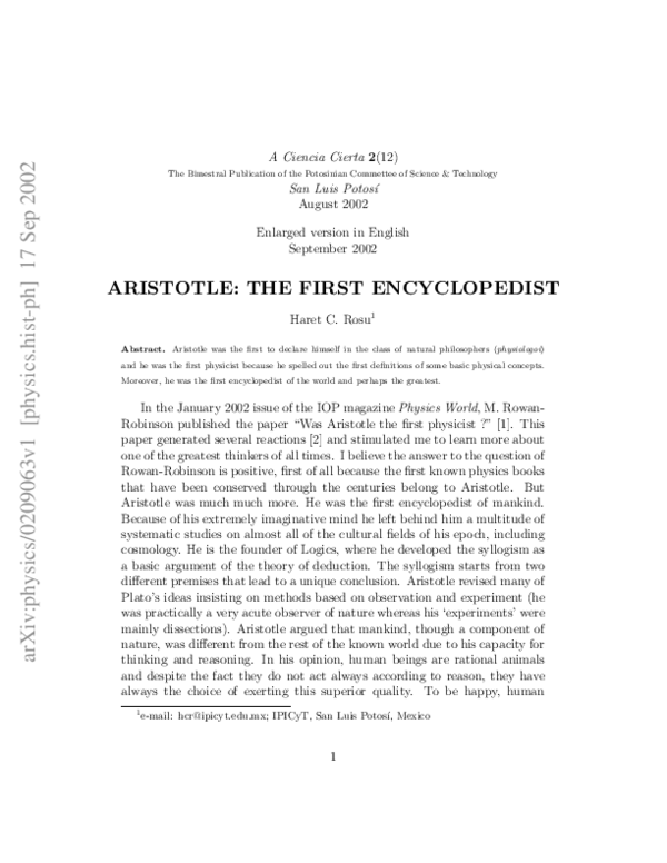 (PDF) Aristotle: The first encyclopedist
