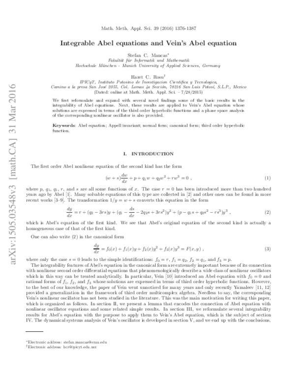(PDF) Integrable Abel equations and Vein's Abel equation