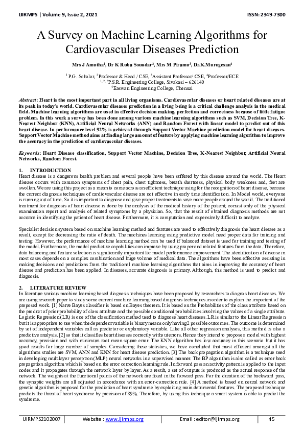 Pdf A Survey On Machine Learning Algorithms For Cardiovascular 4329