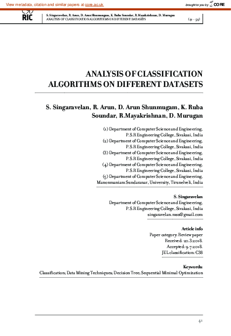 (PDF) Analysis of Classification Algorithms on Different Datasets