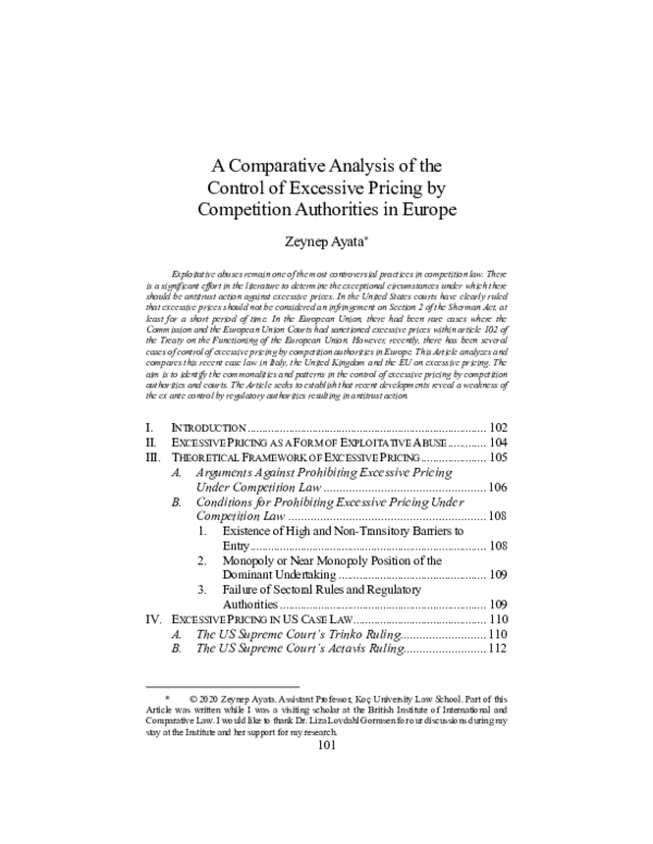 (PDF) A Comparative Analysis of the Control of Excessive Pricing by ...