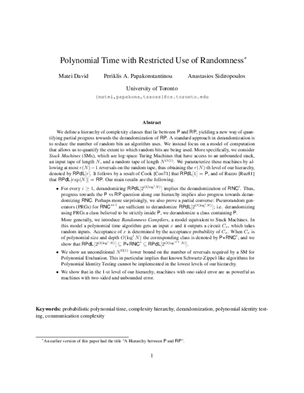 (PDF) Polynomial Time with Restricted Use of Randomness