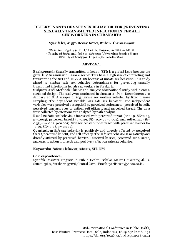 (PDF) Determinants of Safe Sex Behavior for Preventing Sexually Transmitted Infection in Female ...