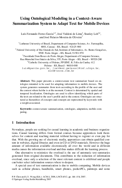 (PDF) Using Ontological Modeling in a Context-Aware Summarization System to Adapt Text for ...