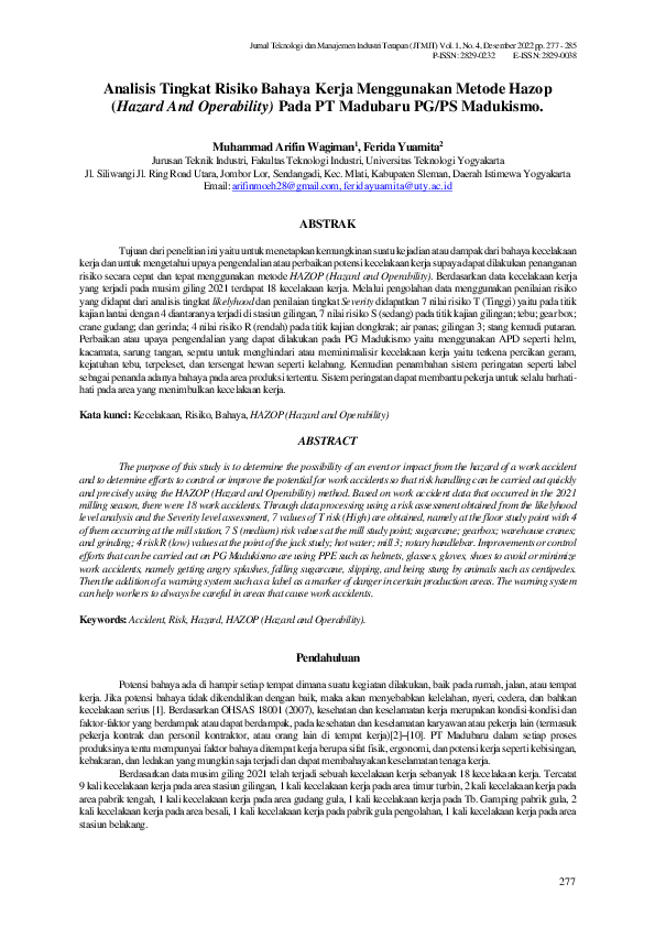 (PDF) Analisis Tingkat Risiko Bahaya Kerja Menggunakan Metode Hazop (Hazard And Operability ...