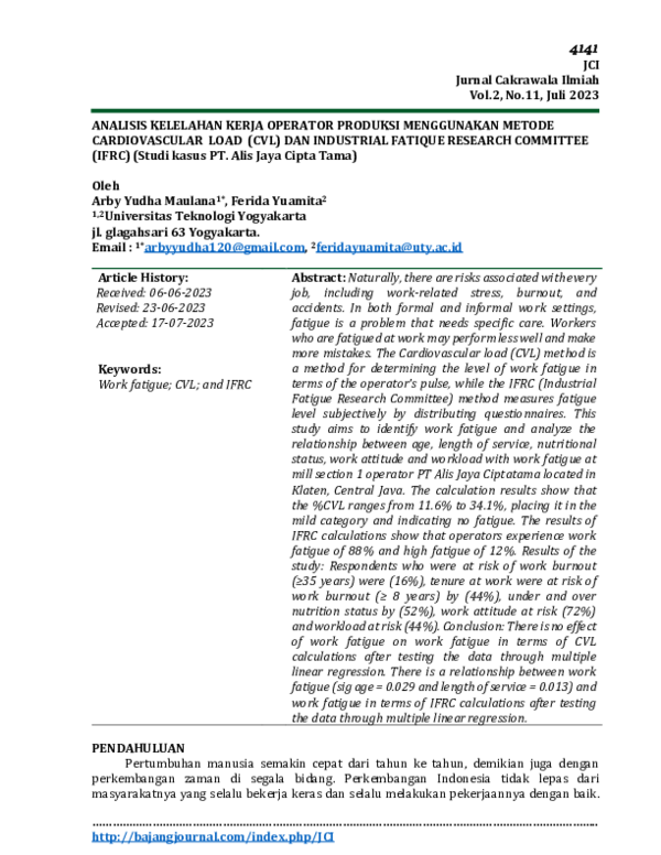 (PDF) ANALISIS KELELAHAN KERJA OPERATOR PRODUKSI MENGGUNAKAN METODE CARDIOVASCULAR LOAD (CVL ...