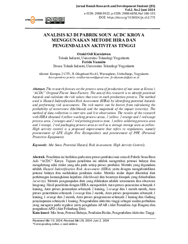 (PDF) Analisis K3 DI Pabrik Soun Acdc Kroya Menggunakan Metode Hira Dan ...