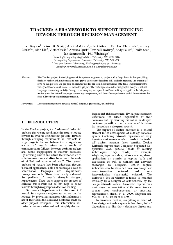 (PDF) Tracker: a framework to support reducing rework through decision ...