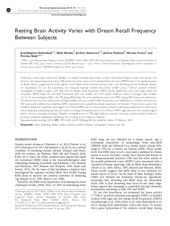 (PDF) Brain Activity and Dream Recall Frequency