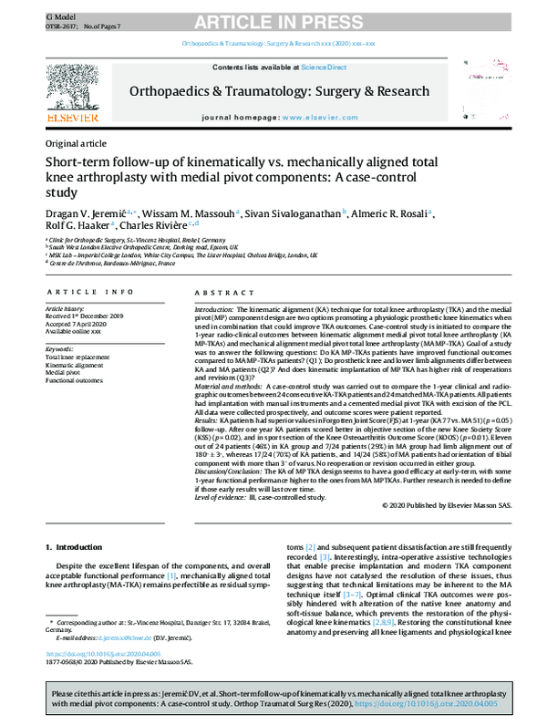 (PDF) Short-term follow-up of kinematically vs. mechanically aligned total knee arthroplasty ...