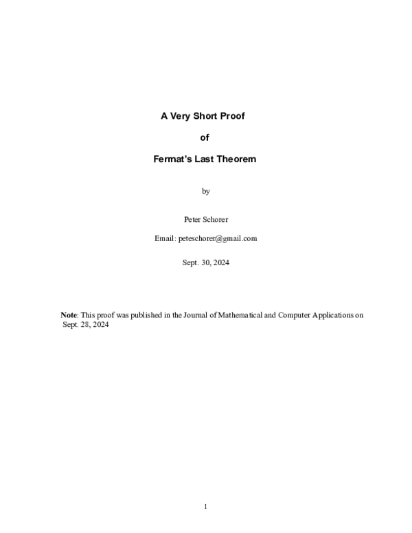(PDF) A Very Short Proof of Fermat's Last Theorem