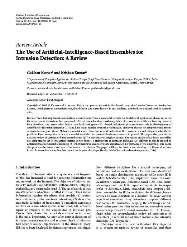 Pdf The Use Of Artificial Intelligence Based Ensembles For Intrusion Detection A Review