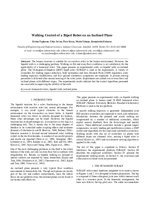 (PDF) Walking control of a biped robot on an inclined plane