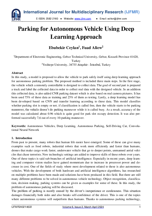 (PDF) Parking for Autonomous Vehicle using Deep Learning Approach