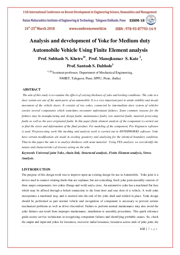(PDF) Analysis and development of Yoke for Medium duty Automobile Vehicle Using Finite Element ...