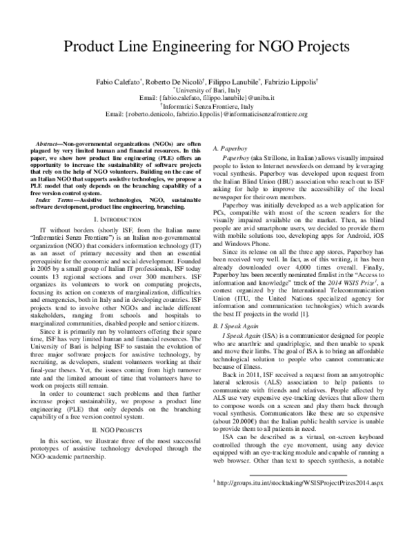 (PDF) Product Line Engineering for NGO Projects