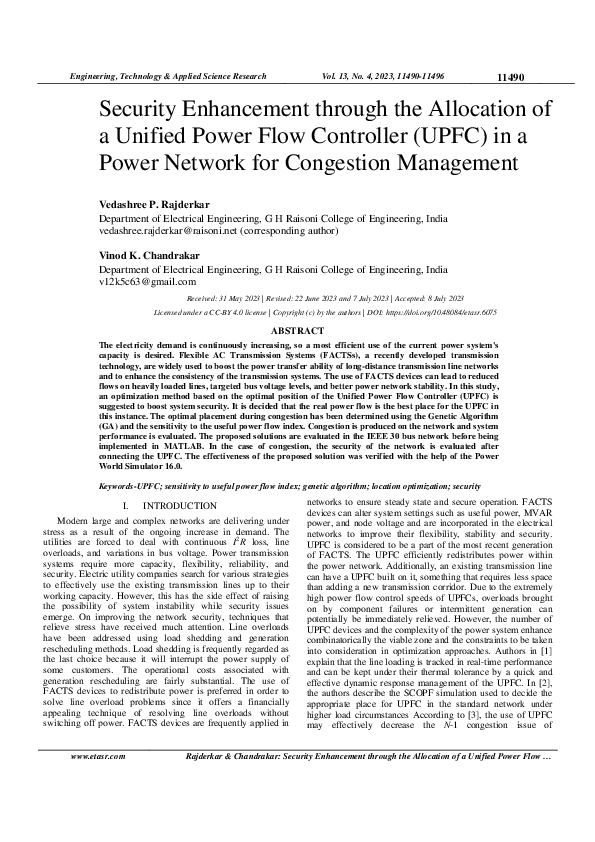 (PDF) Security Enhancement through the Allocation of a Unified Power Flow Controller (UPFC) in a ...