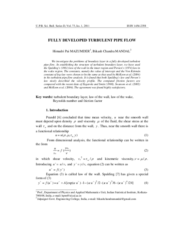 (PDF) Turbulent Pipe Flow Boundary Layer Analysis (PDF) Turbulent Pipe Flow Boundary Layer Analysis