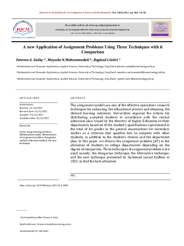 (PDF) A new Application of Assignment Problems Using Three Techniques ...