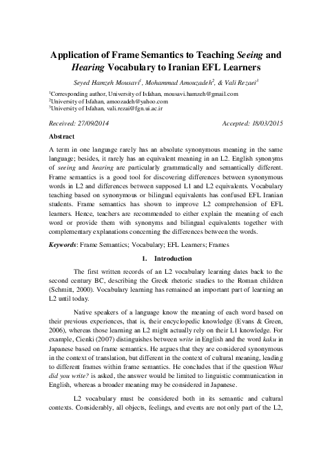 (PDF) Application of Frame Semantics to Teaching Seeing and Hearing Vocabulary to Iranian EFL ...