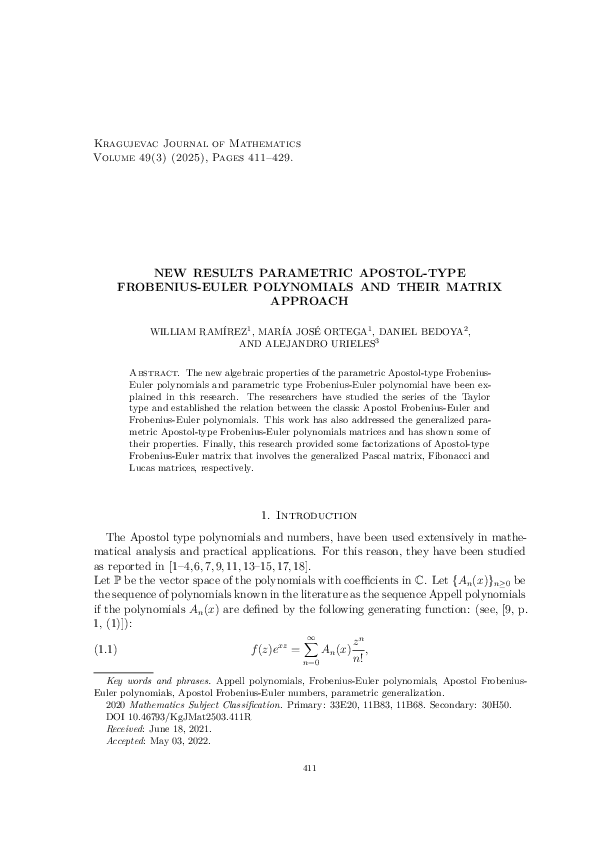 (PDF) New Results Parametric Apostol-Type Frobenius-Euler Polynomials and their Matrix Approach