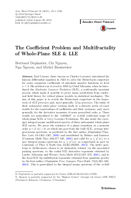 (PDF) The Coefficient Problem and Multifractality of Whole-Plane SLE & LLE
