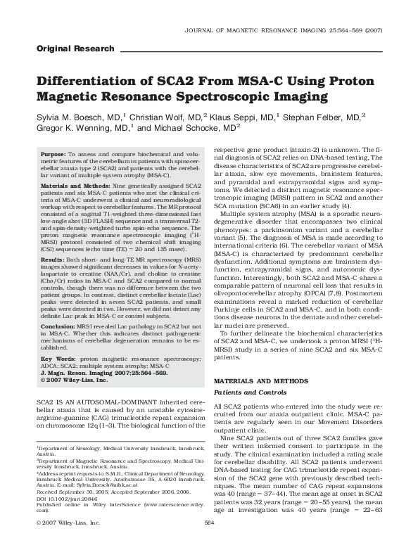 (PDF) Differentiation of SCA2 from MSA-C using proton magnetic ...
