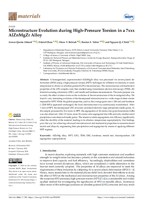 (PDF) Microstructure Evolution during High-Pressure Torsion in a 7xxx AlZnMgZr Alloy