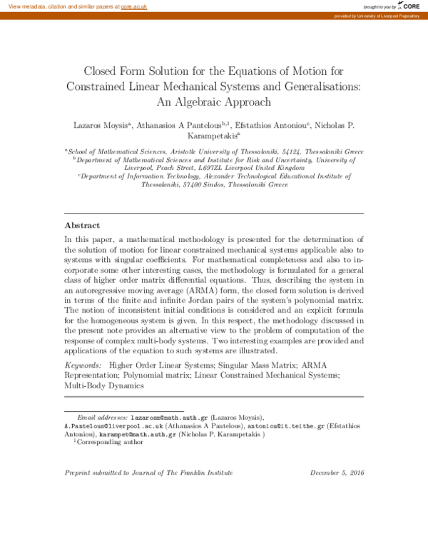 (PDF) Closed form solution for the equations of motion for constrained linear mechanical systems ...