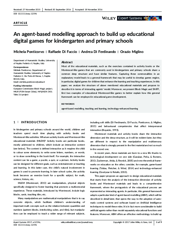 Pdf An Agent‐based Modelling Approach To Build Up Educational Digital Games For Kindergarten