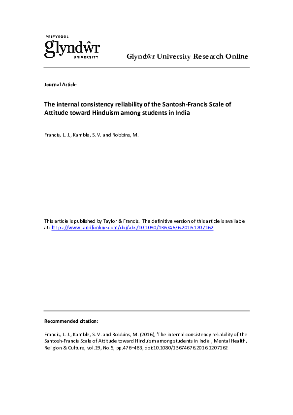 (PDF) The internal consistency reliability and construct validity of the Santosh–Francis Scale ...