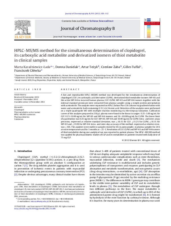 (PDF) HPLC–MS/MS method for the simultaneous determination of clopidogrel, its carboxylic acid ...