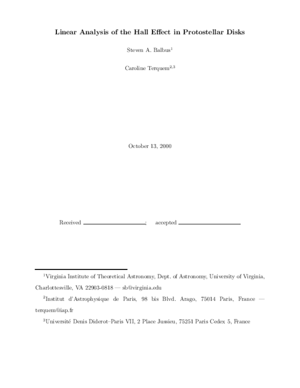(PDF) Linear Analysis of the Hall Effect in Protostellar Disks