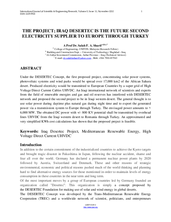(PDF) The Project; Iraq Desertec Is The Future Second Electricity Supplier To Europe Through Turkey