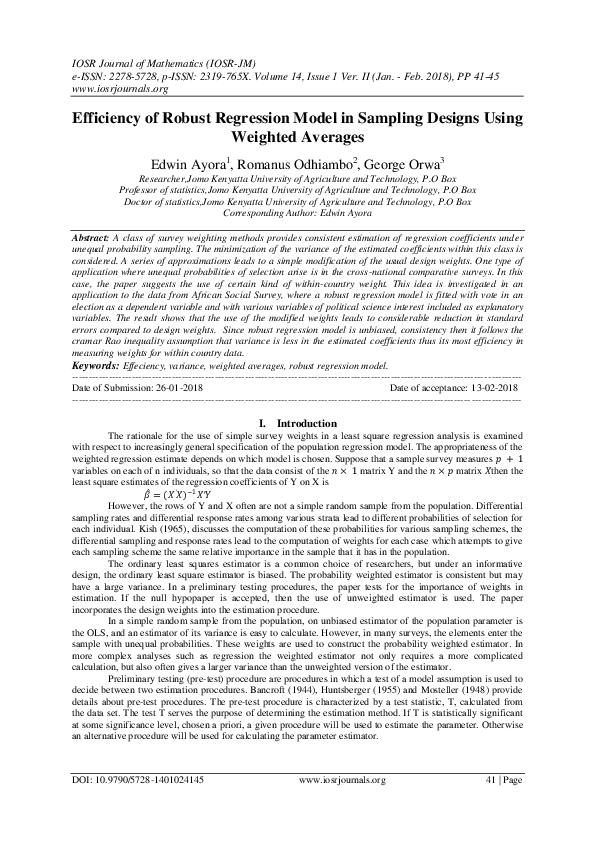 Pdf Efficiency Of Robust Regression Model In Sampling Designs Using Weighted Averages