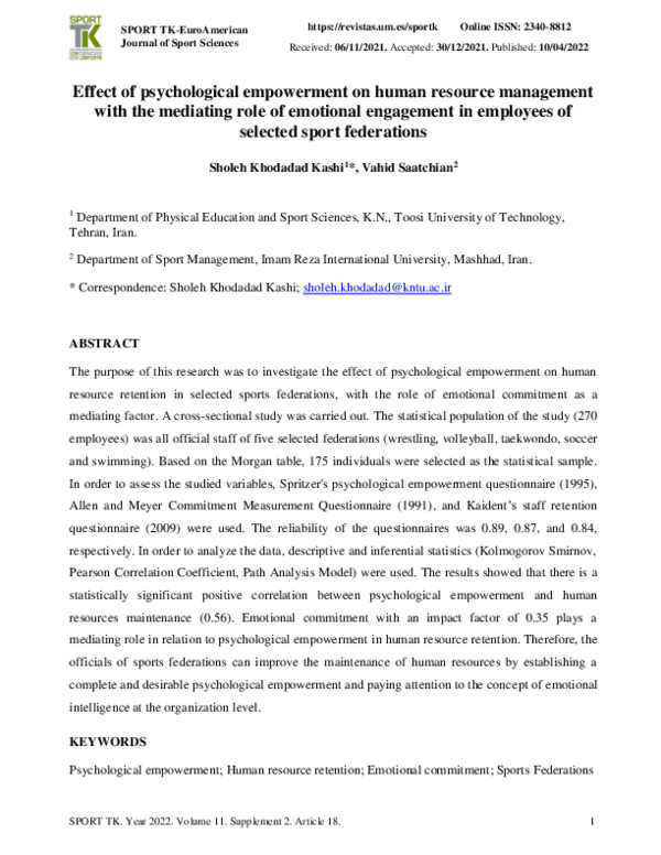(PDF) Effect of psychological empowerment on human resource management with the mediating role ...