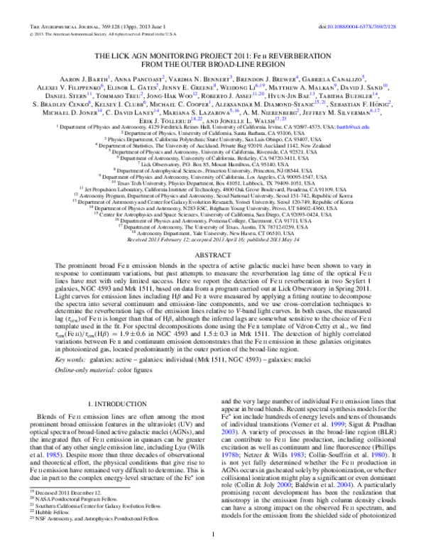 (PDF) THE LICK AGN MONITORING PROJECT 2011: Fe II REVERBERATION FROM ...