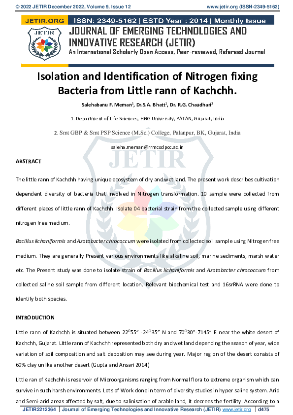 (PDF) Isolation and Identification of Nitrogen fixing Bacteria from Little rann of Kachchh
