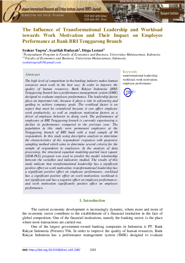 (PDF) The Influence of Transformational Leadership and Workload towards Work Motivation and ...