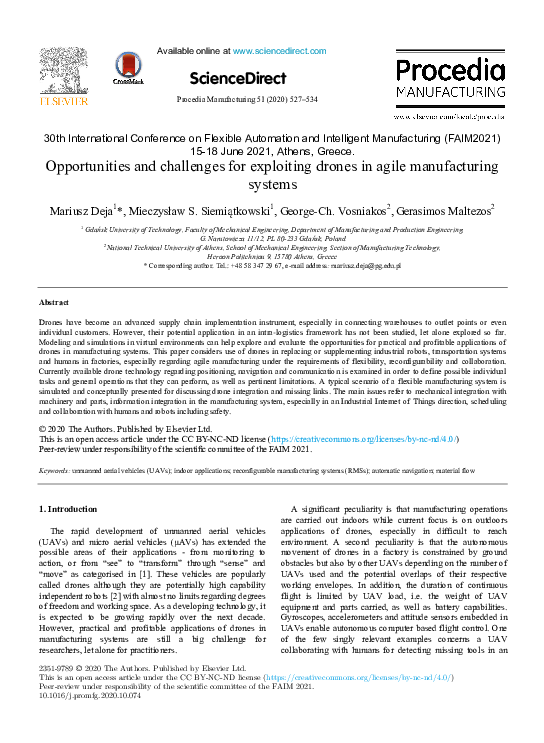 (PDF) Opportunities and challenges for exploiting drones in agile manufacturing systems
