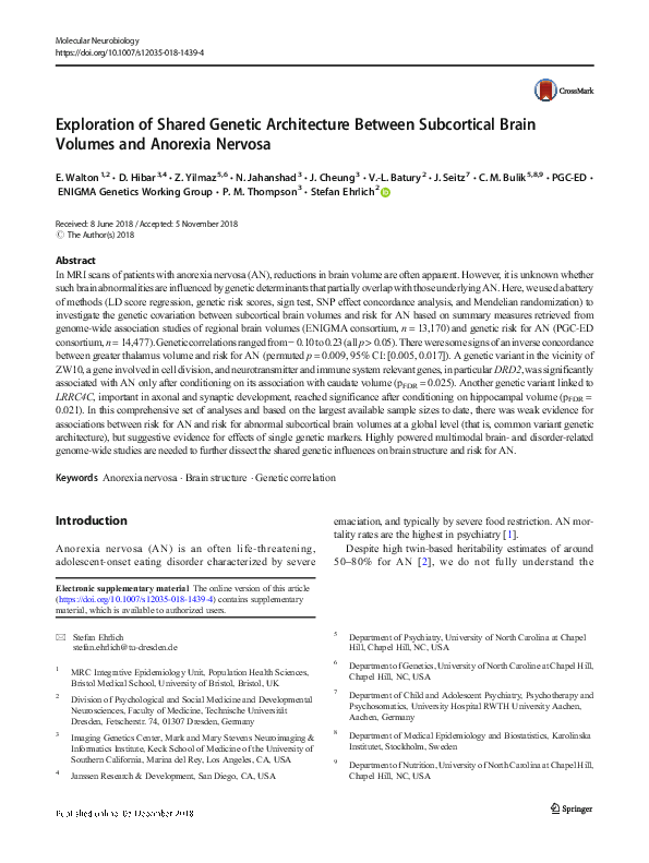 (PDF) Exploration of Shared Genetic Architecture Between Subcortical Brain Volumes and Anorexia ...
