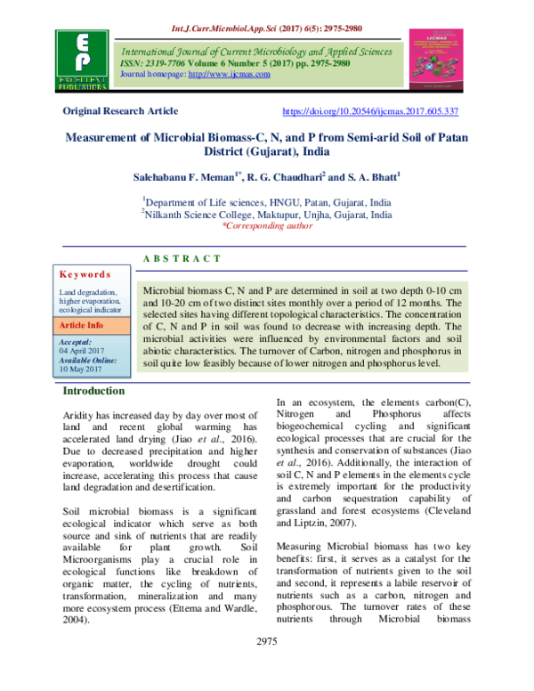 (PDF) Measurement of Microbial Biomass-C, N, and P from Semi-arid Soil of Patan District ...