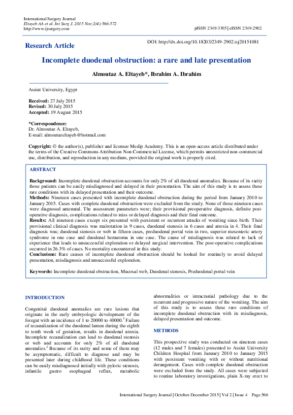 (PDF) Incomplete duodenal obstruction: a rare and late presentation