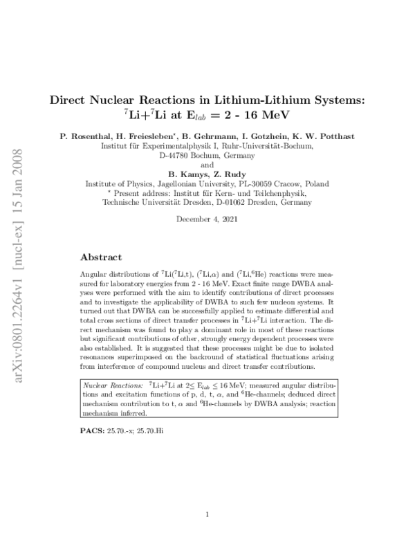 (PDF) Direct Nuclear Reactions in Lithium-Lithium Systems: 7Li+7Li at ...