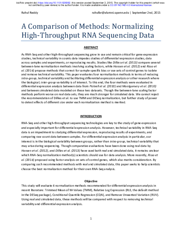 (PDF) A Comparison of Methods: Normalizing High-Throughput RNA Sequencing Data