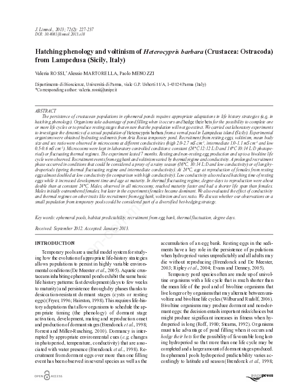 (PDF) Hatching phenology and voltinism of Heterocypris barbara ...