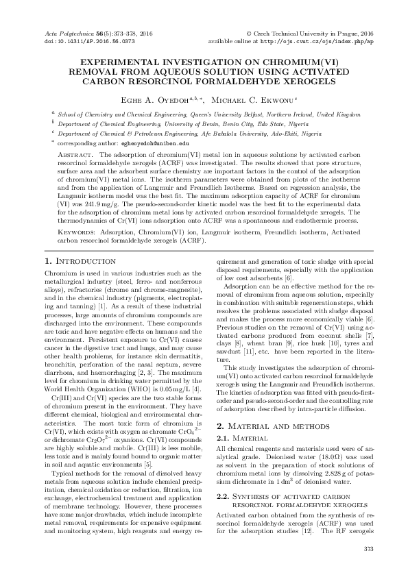 (PDF) Experimental Investigation on Chromium(VI) Removal from Aqueous Solution Using Activated ...