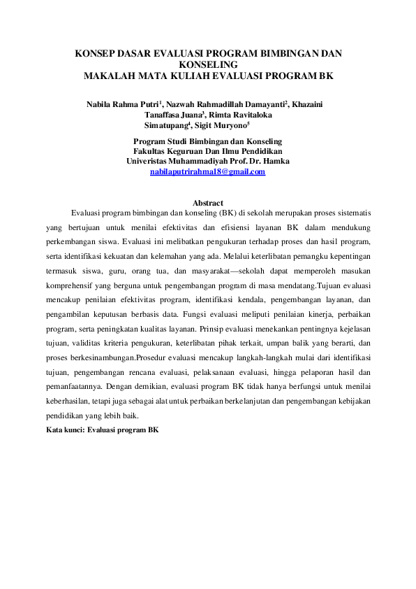 (PDF) KONSEP DASAR EVALUASI PROGRAM BIMBINGAN DAN KONSELING MAKALAH MATA KULIAH EVALUASI PROGRAM BK