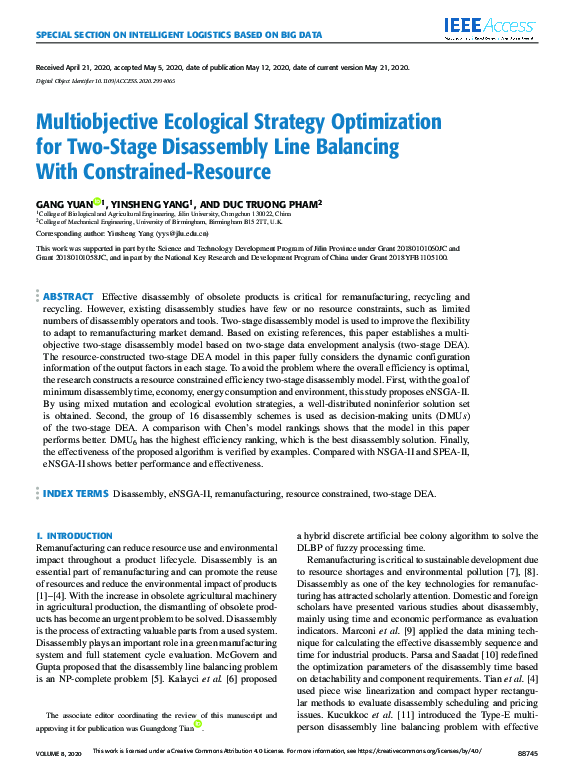 Pdf Multiobjective Ecological Strategy Optimization For Two Stage Disassembly Line Balancing